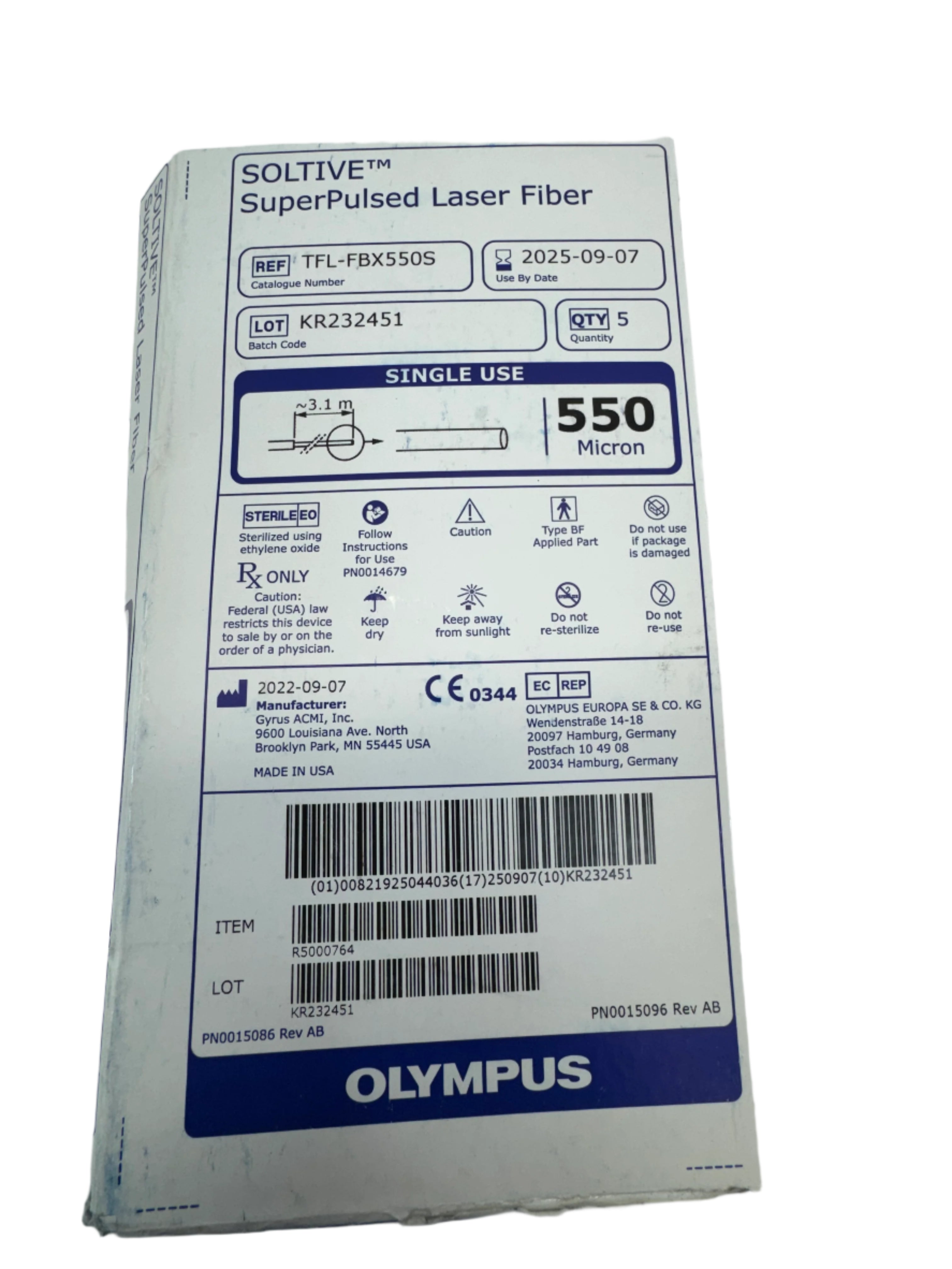 Olympus TFL-FBX550S Laser Fiber | 550µm Micron SOLTIVE™ Laser System